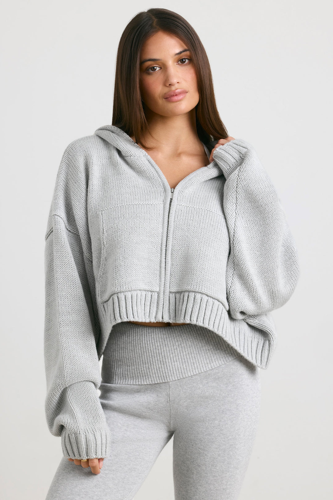 True Cropped Zip Up Chunky Knit Hoodie in Heather Grey | Oh Polly