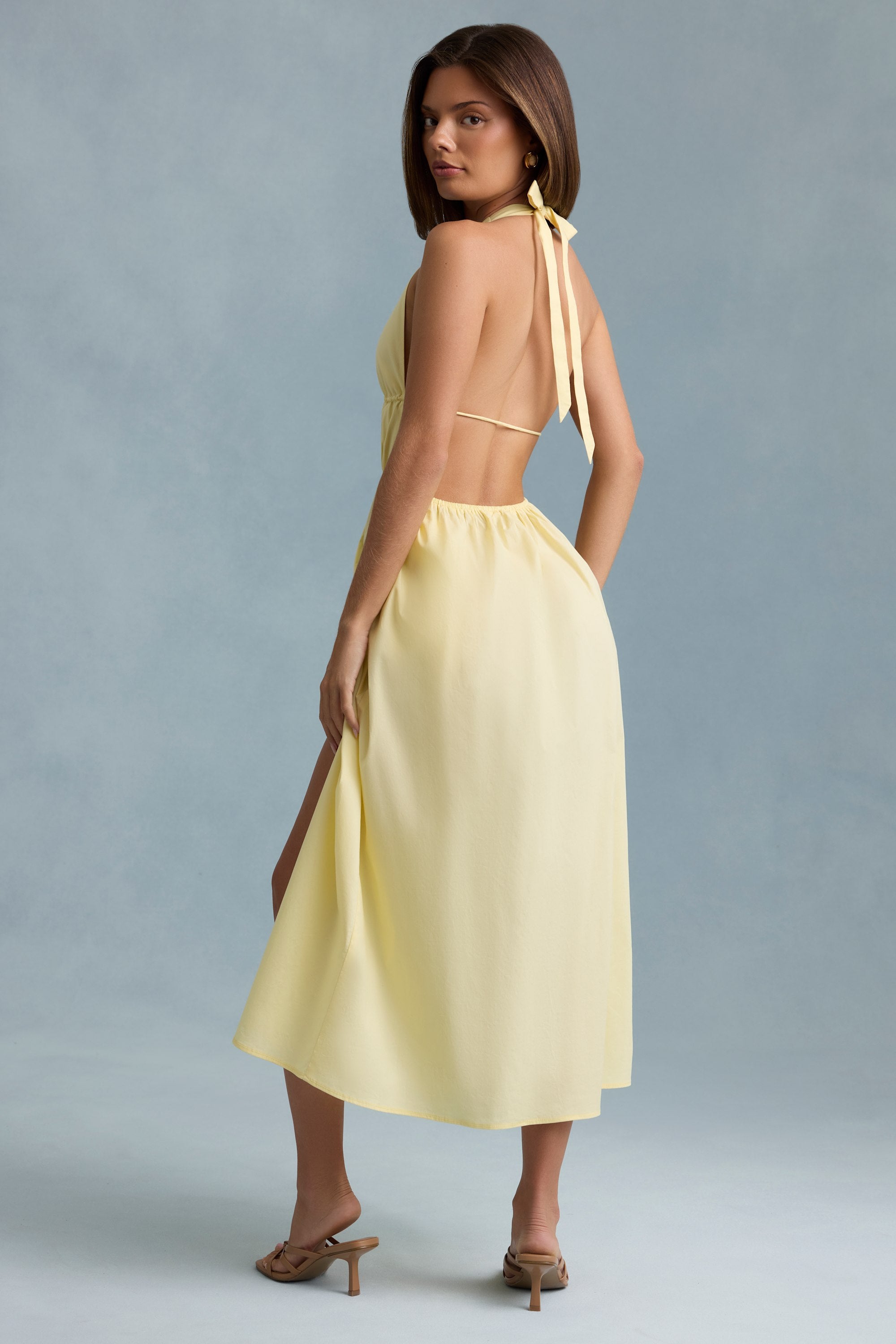Aeris Tie-Front Backless Cotton-Poplin Maxi Dress in Lemon Yellow | Oh ...