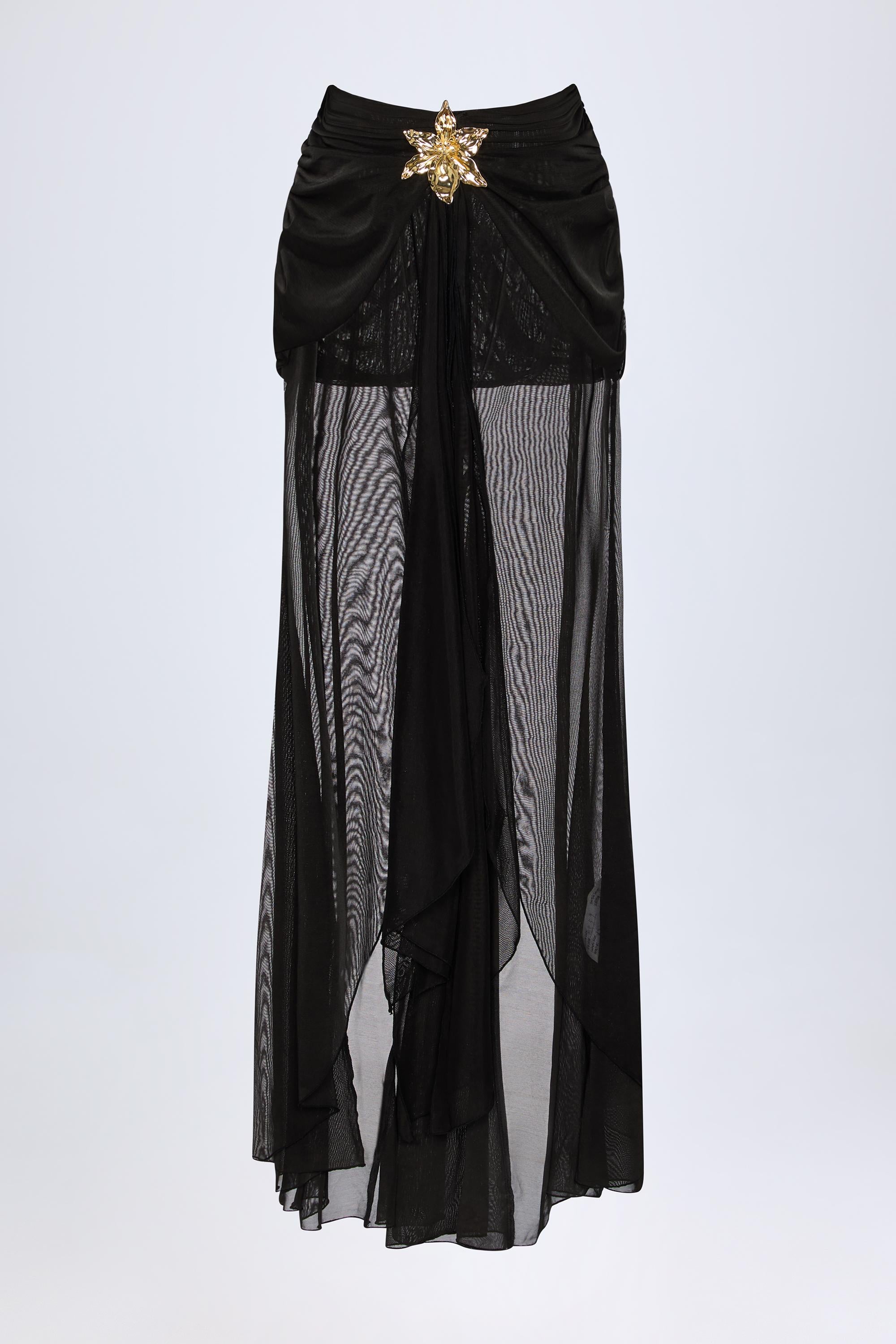 Bacalar Ruched Hardware-Detail Fishtail Maxi Skirt in Black | Oh Polly