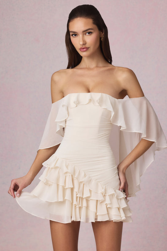 Birdie Off-Shoulder Ruffled Mini Dress in Ivory | Oh Polly