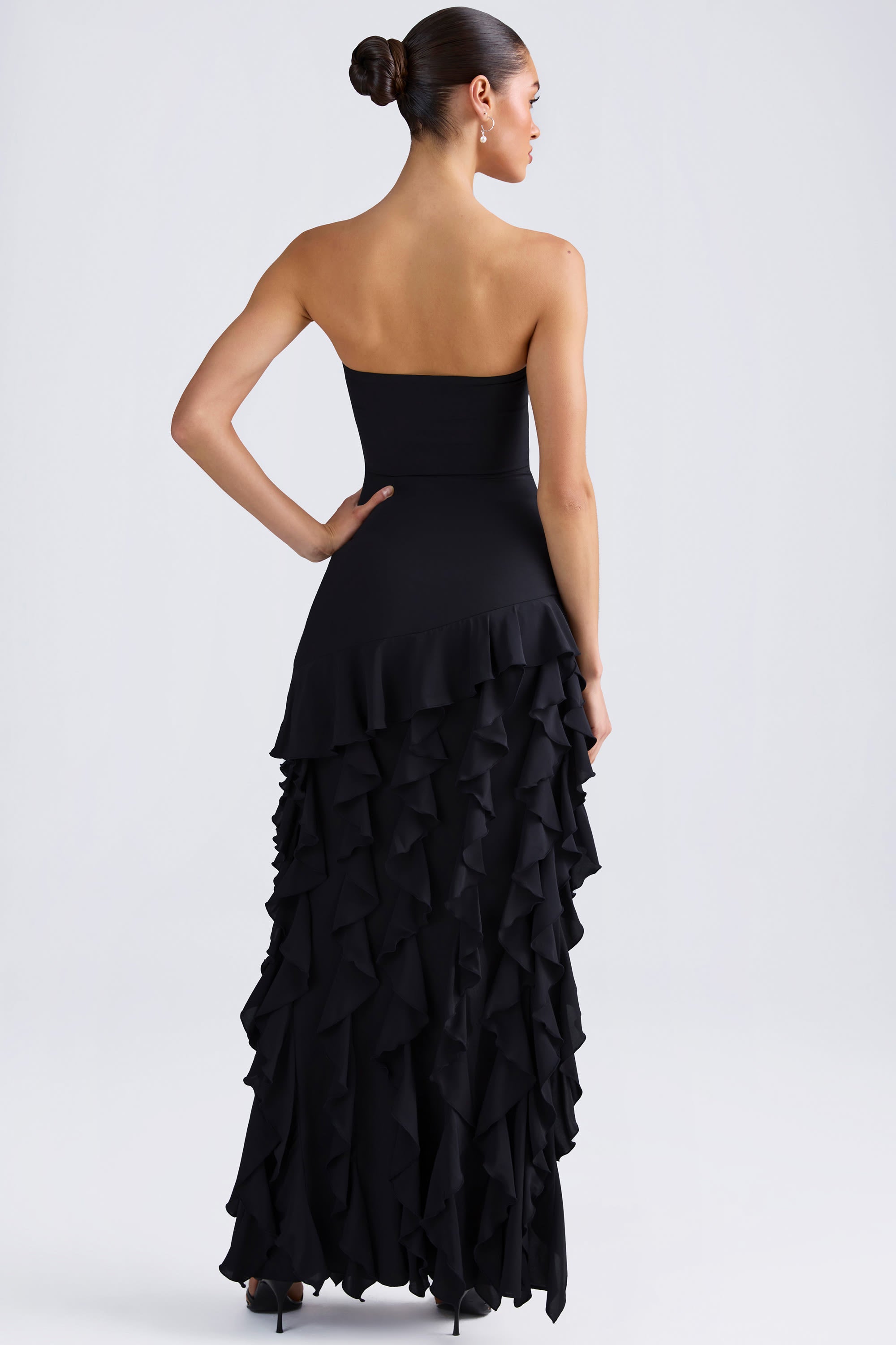 Diletta Ruffle-Trim Strapless Gown in Black | Oh Polly