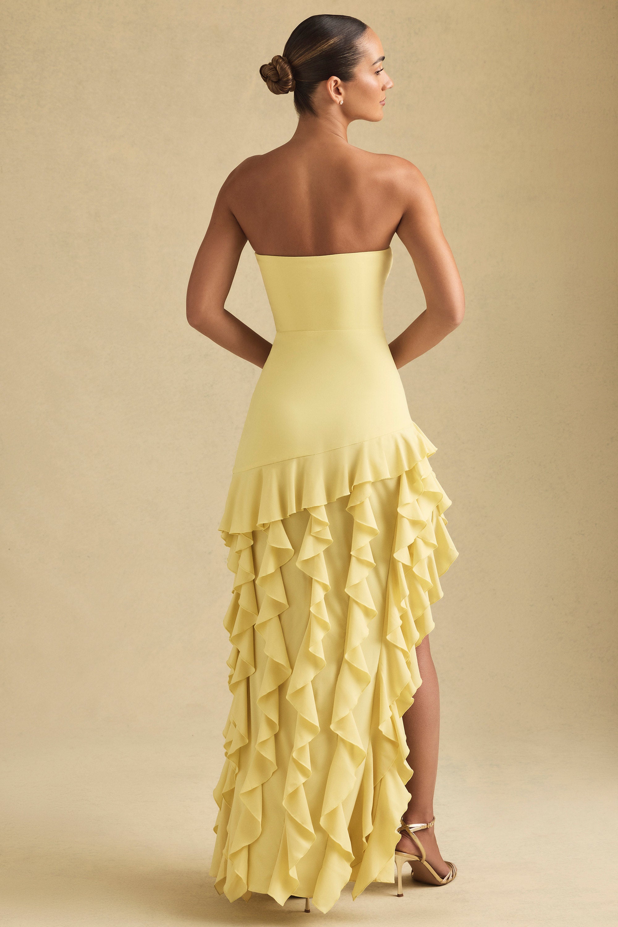 Diletta Ruffle-Trim Strapless Gown in Pastel Yellow | Oh Polly