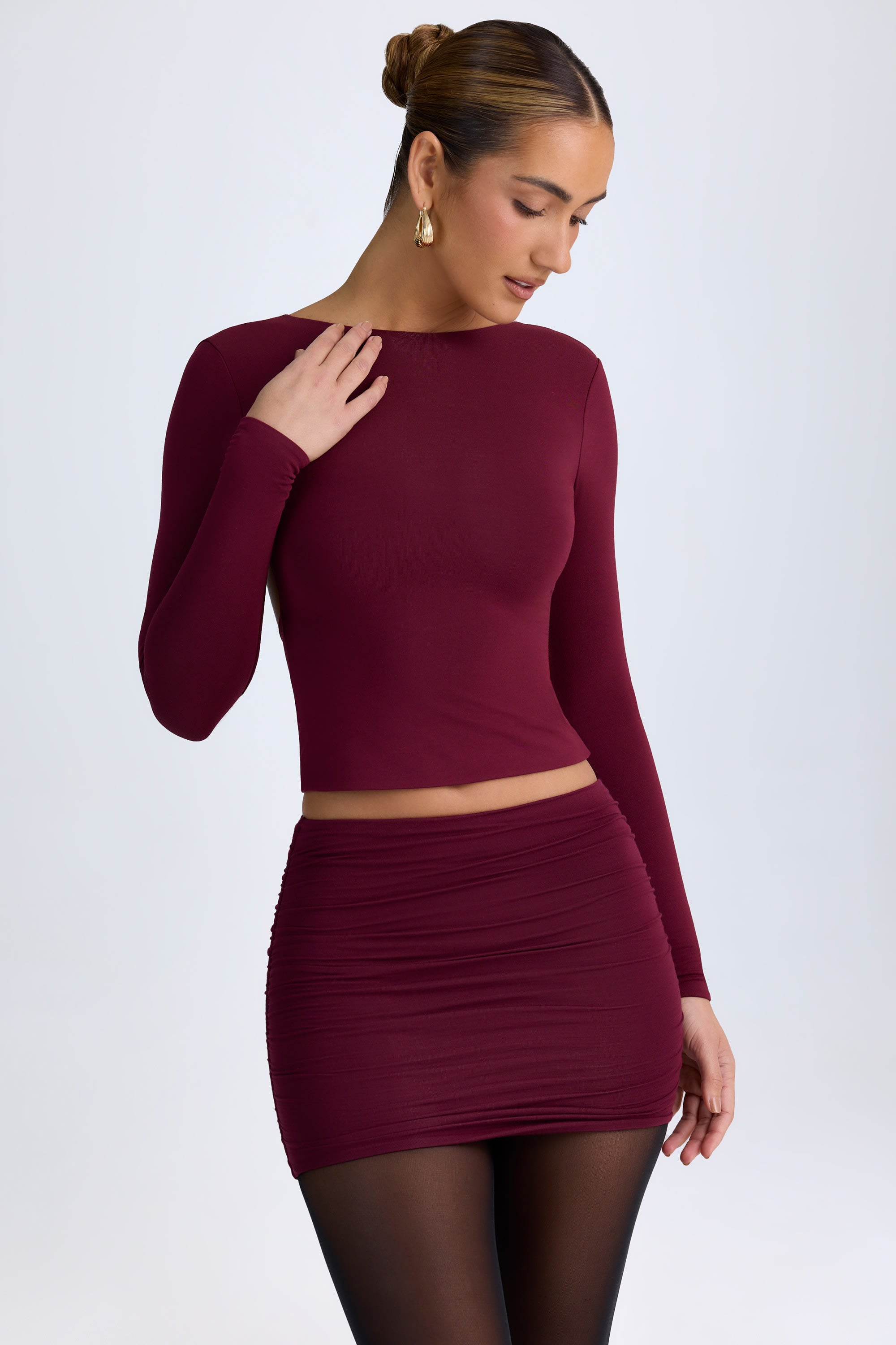 Elli Modal High-Neck Open-Back Top in Wine Red | Oh Polly