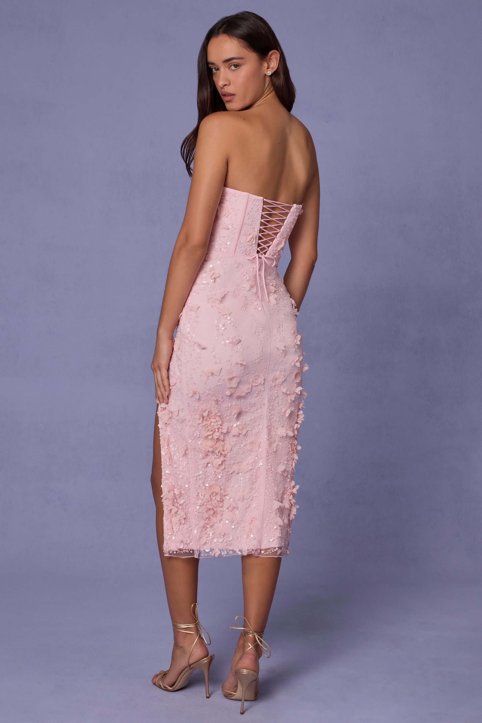 Eudora Lace-Up Corset Midaxi Dress with Split in Soft Pink | Oh Polly