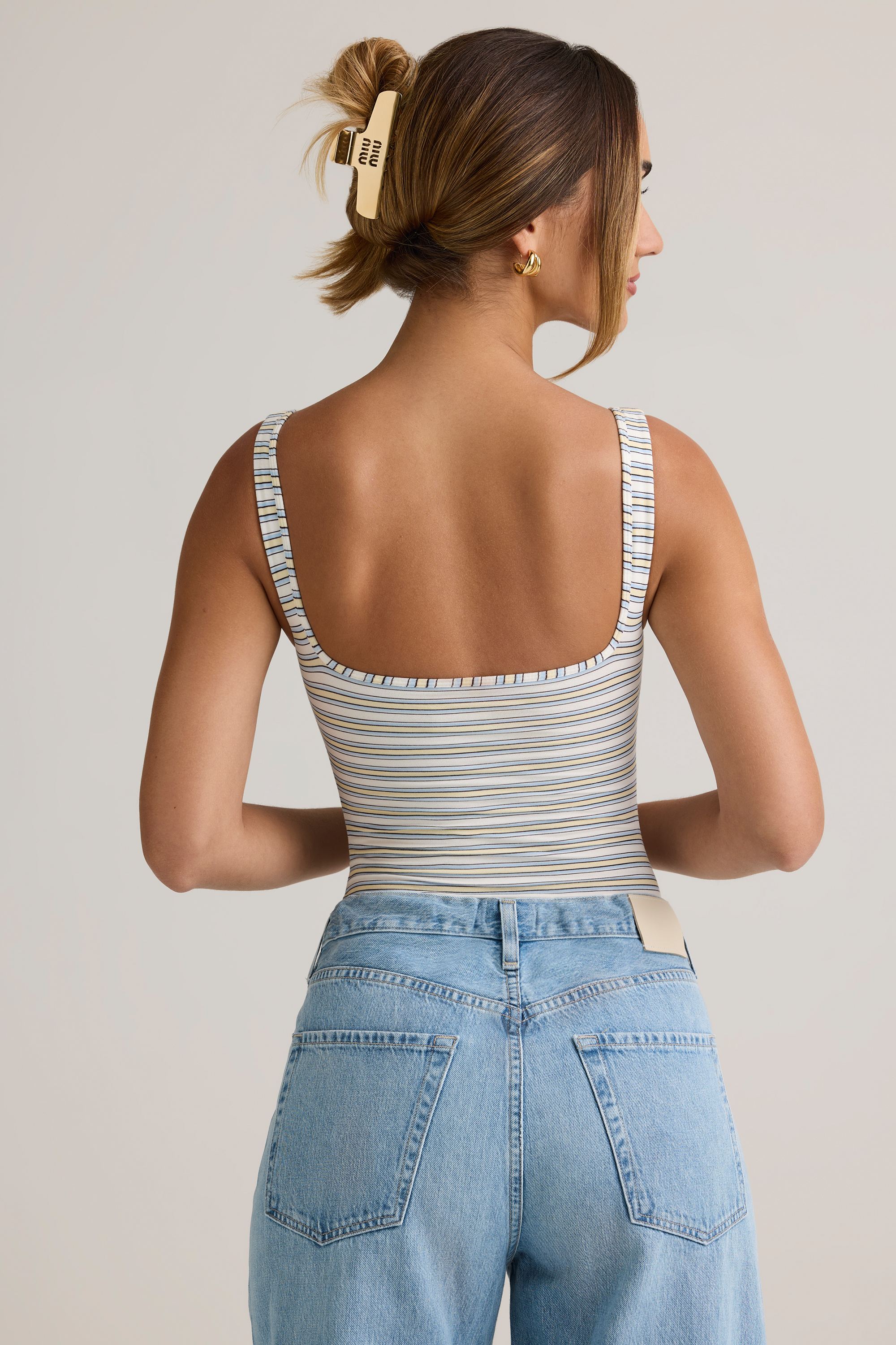 Jolla Modal Square-Neck Bodysuit in Blue and Yellow Stripe | Oh Polly