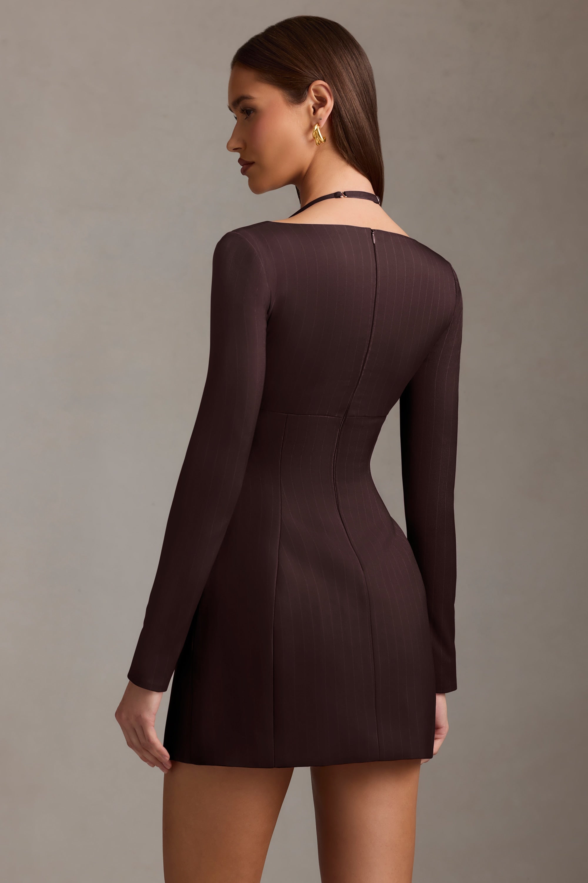 Ksenia Pinstripe Structured A-Line Mini Dress in Chocolate Brown | Oh Polly