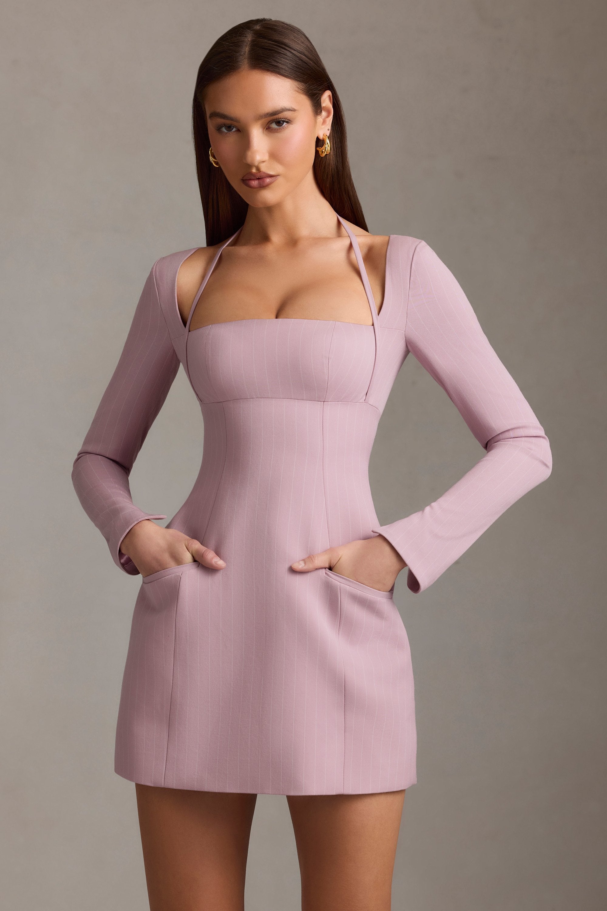 Ksenia Pinstripe Structured A-Line Mini Dress in Mauve | Oh Polly