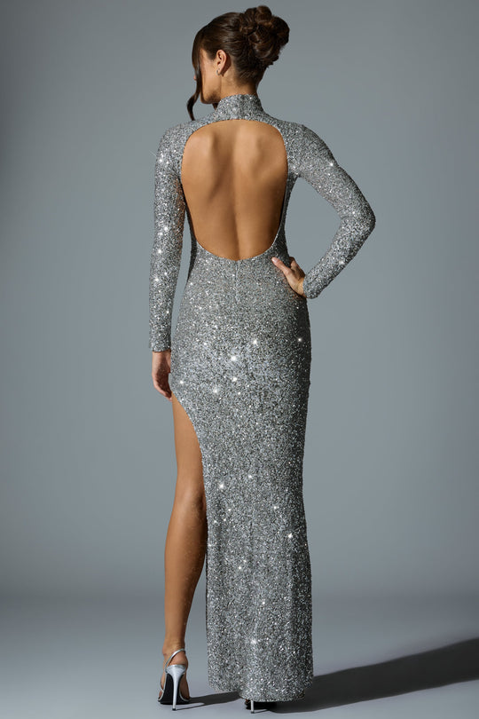 Leonie Embellished Open-Back Gown in Silver | Oh Polly