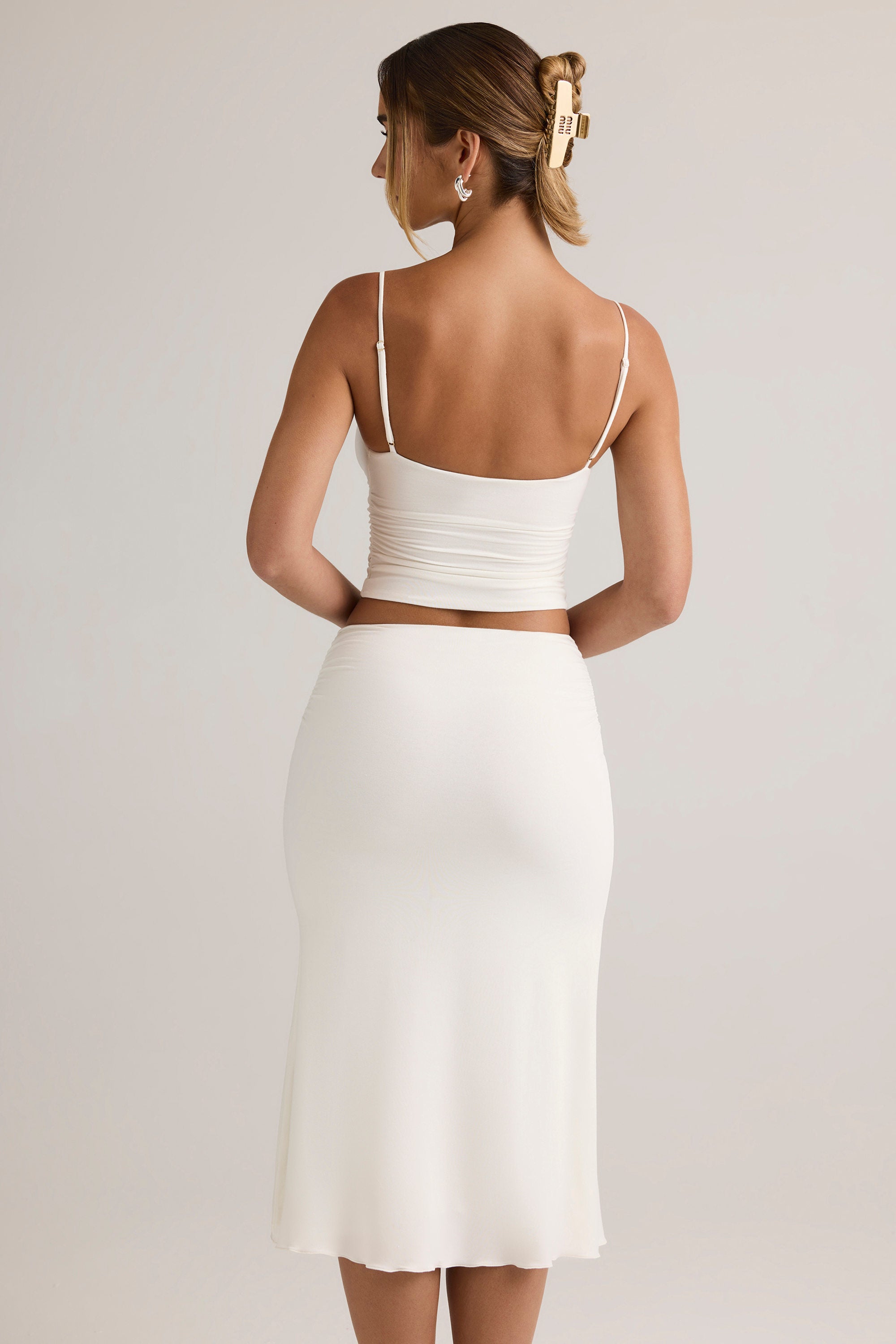 Luella Modal Ruched Mid-Rise Midaxi Skirt in White | Oh Polly
