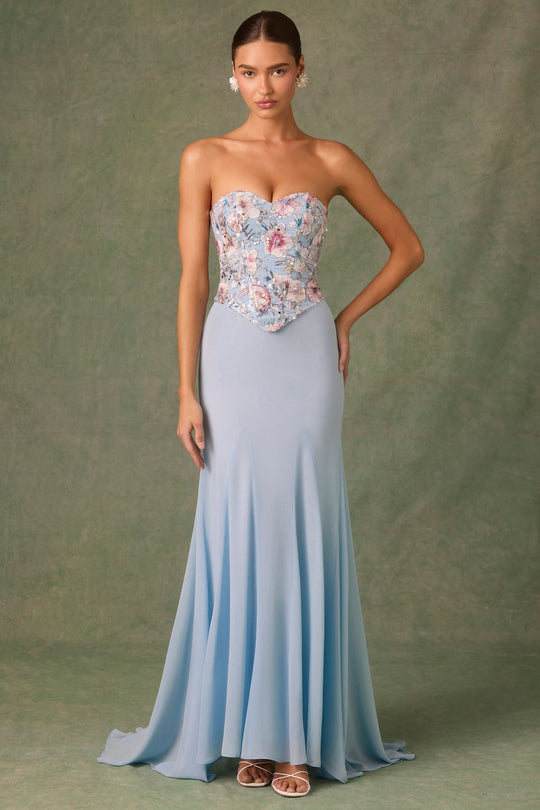 Lysana Embellished Corset Fishtail Gown in Floral Blue | Oh Polly
