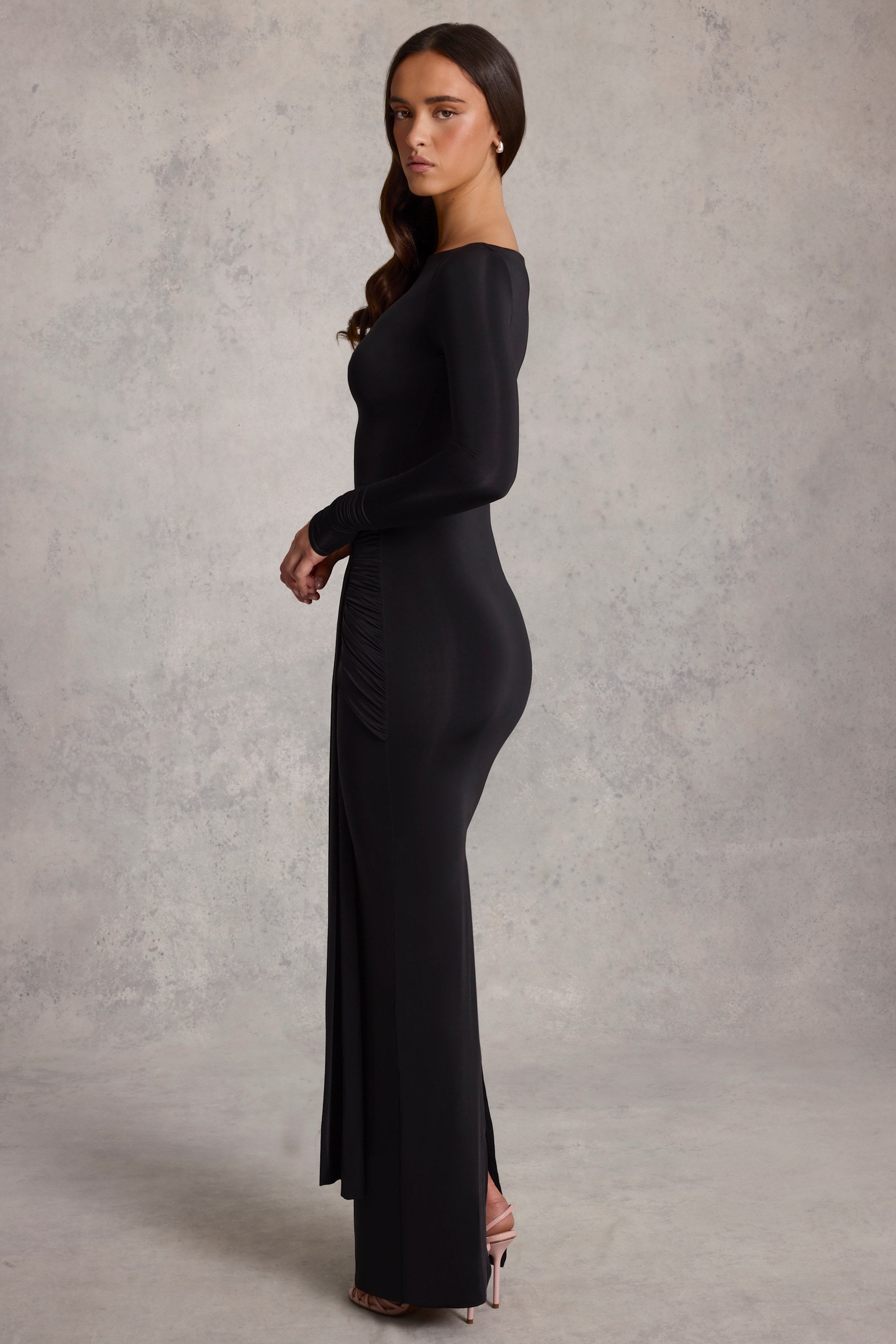 Mericia Draped Ruched Maxi Dress in Black | Oh Polly