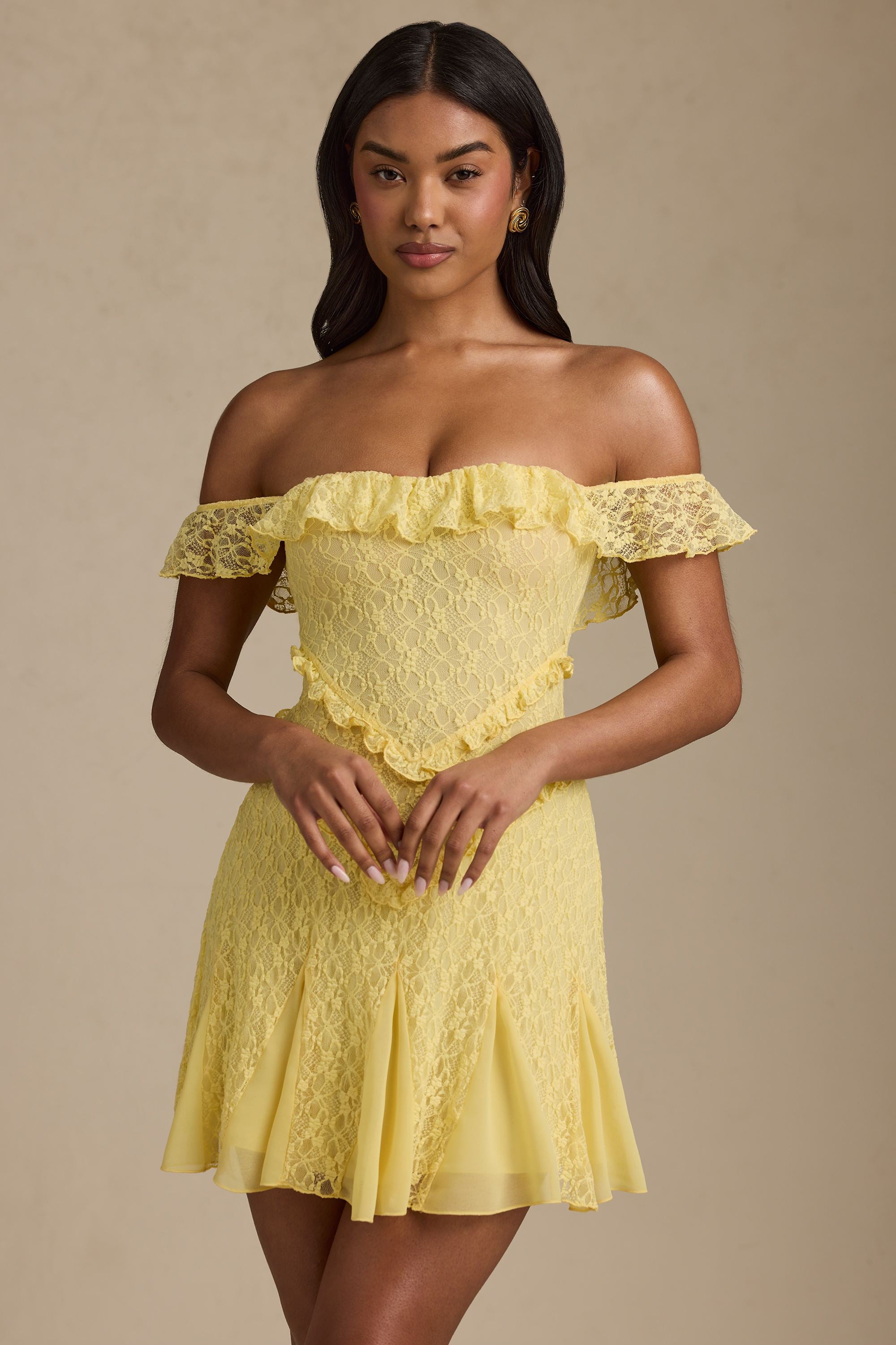 Nahida Off-Shoulder Lace A-Line Mini Dress in Pastel Yellow | Oh Polly