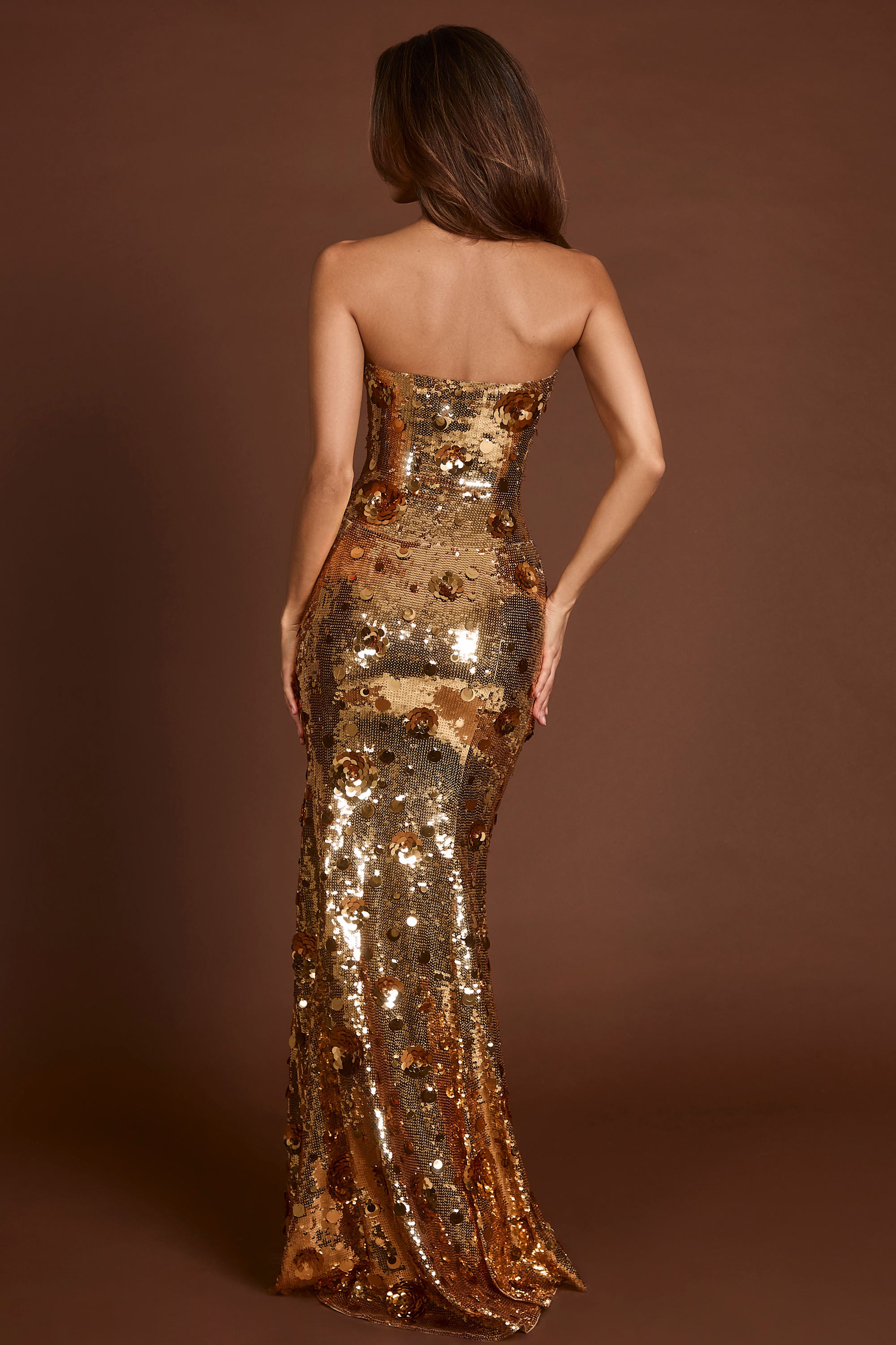 Nottola 3D Embellished Bandeau Maxi Dress in Gold | Oh Polly