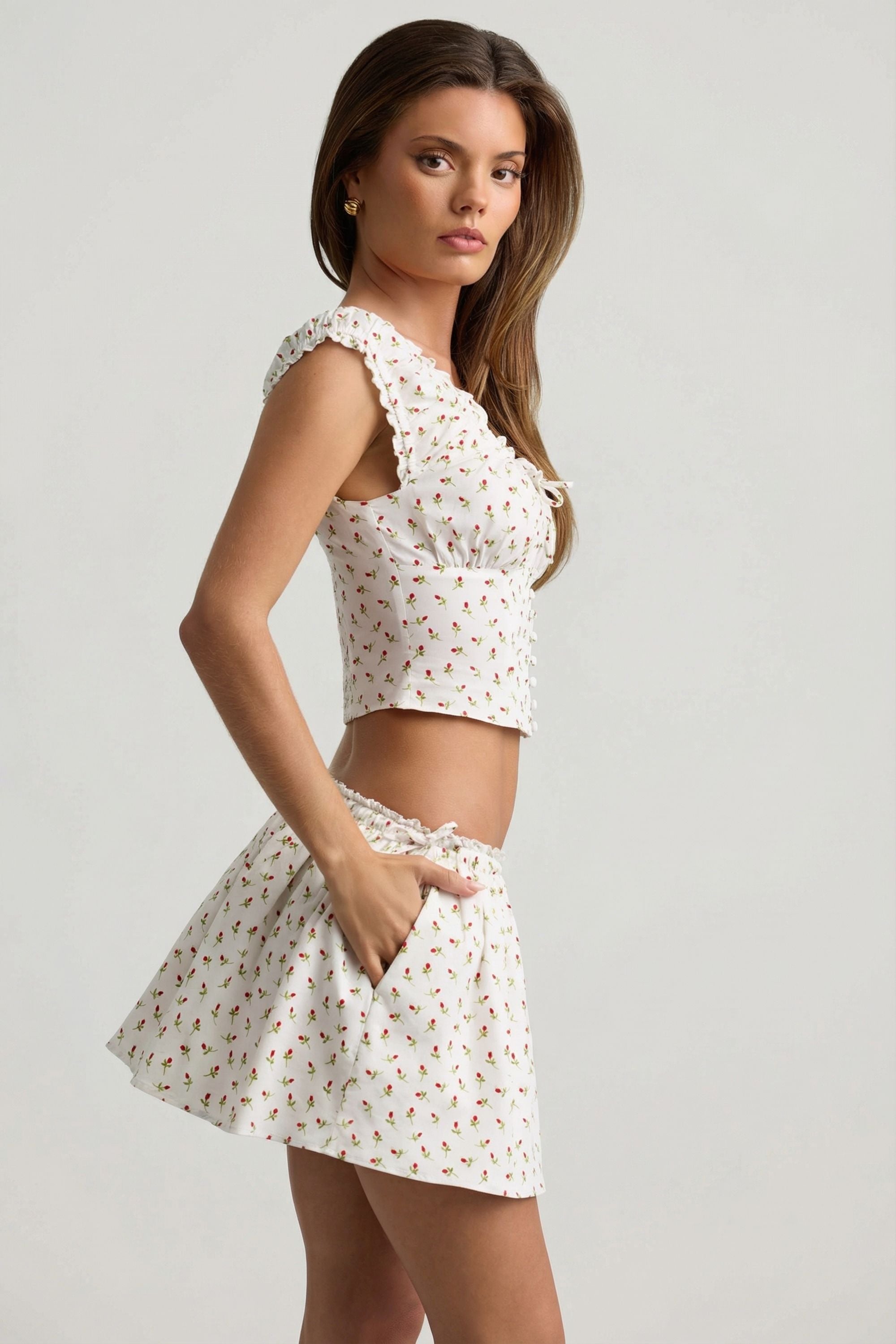 Faela Ruched Cotton-Poplin Corset Top in Rose Print | Oh Polly