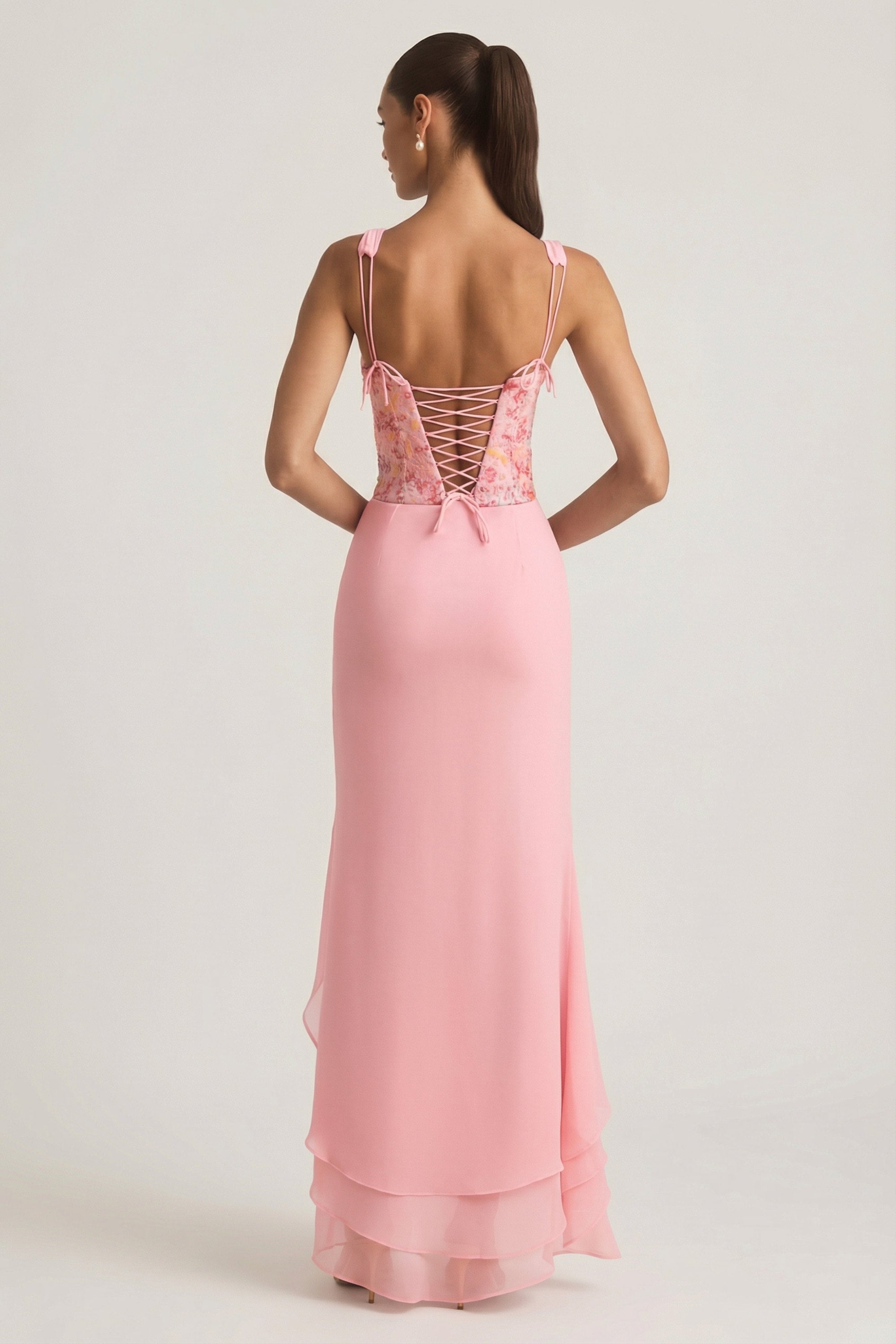 Nathalia Embellished Plunge Ruffled Corset Maxi Dress in Pink | Oh Polly