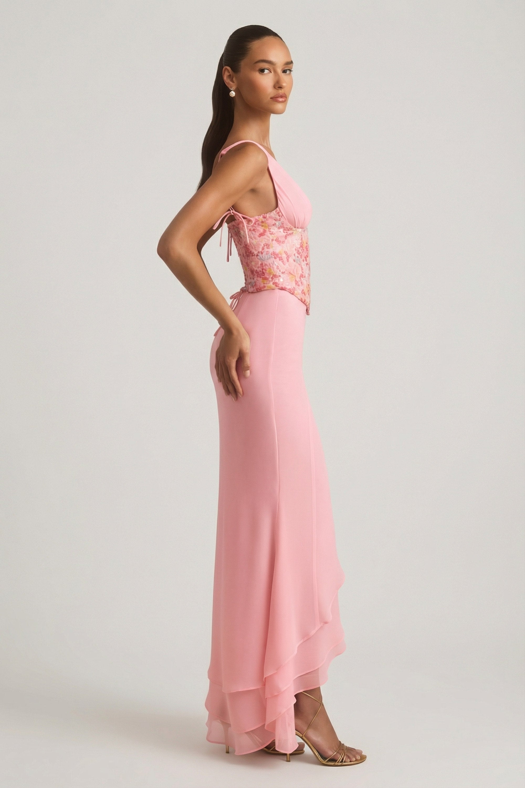 Nathalia Embellished Plunge Ruffled Corset Maxi Dress in Pink | Oh Polly