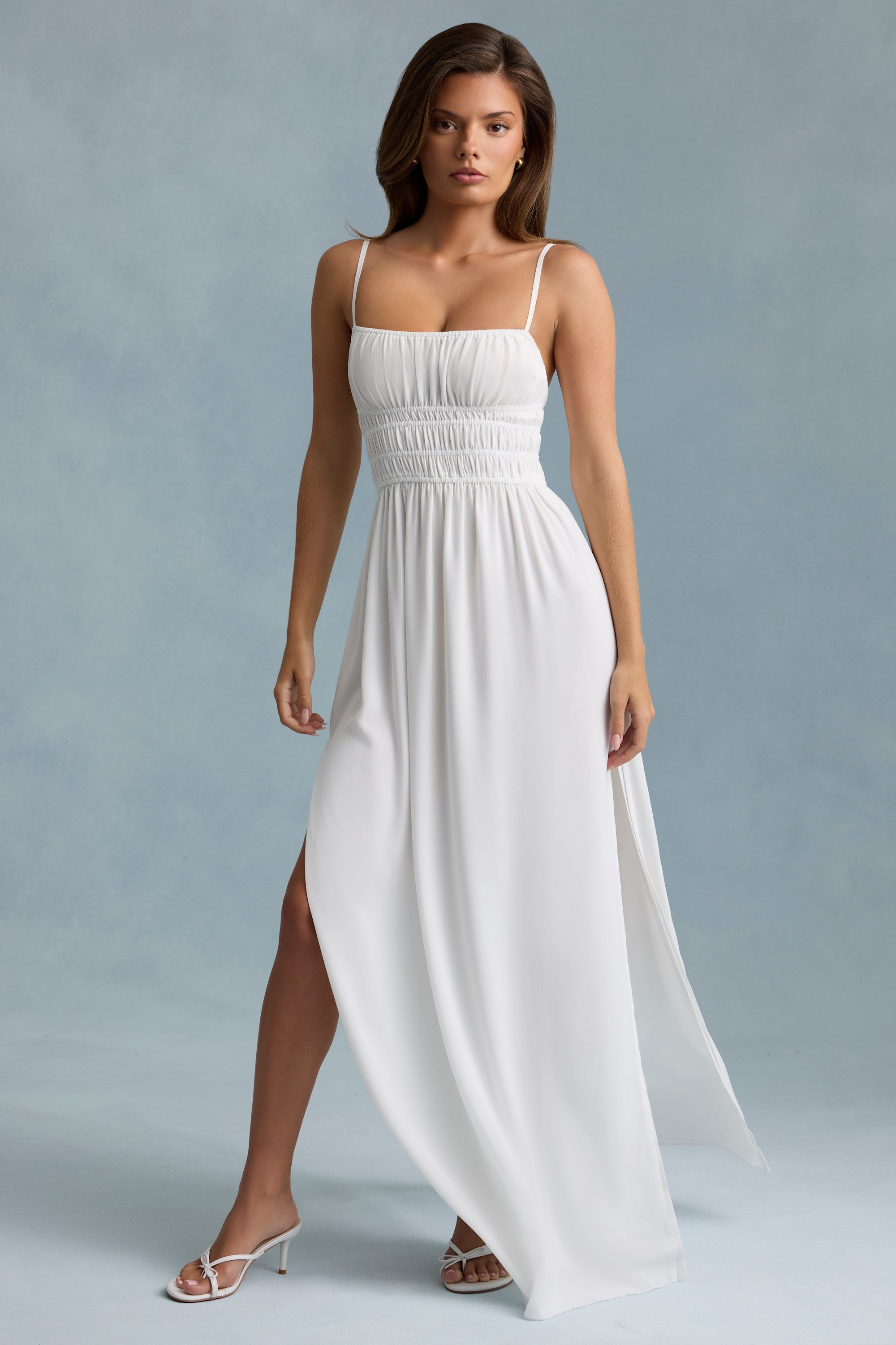 Olyssia Shirred Camisole Maxi Dress in White | Oh Polly