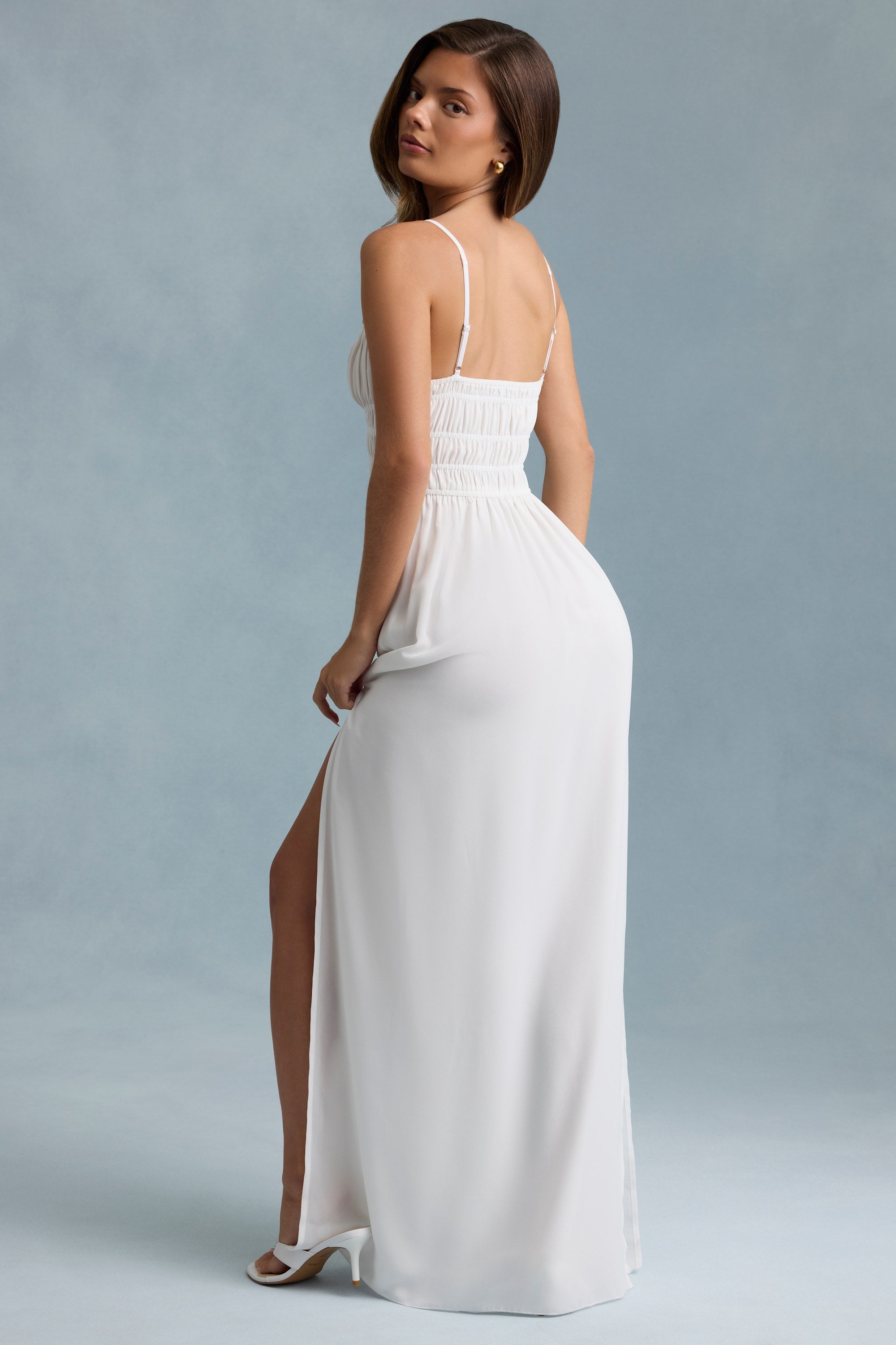 Olyssia Shirred Camisole Maxi Dress in White | Oh Polly