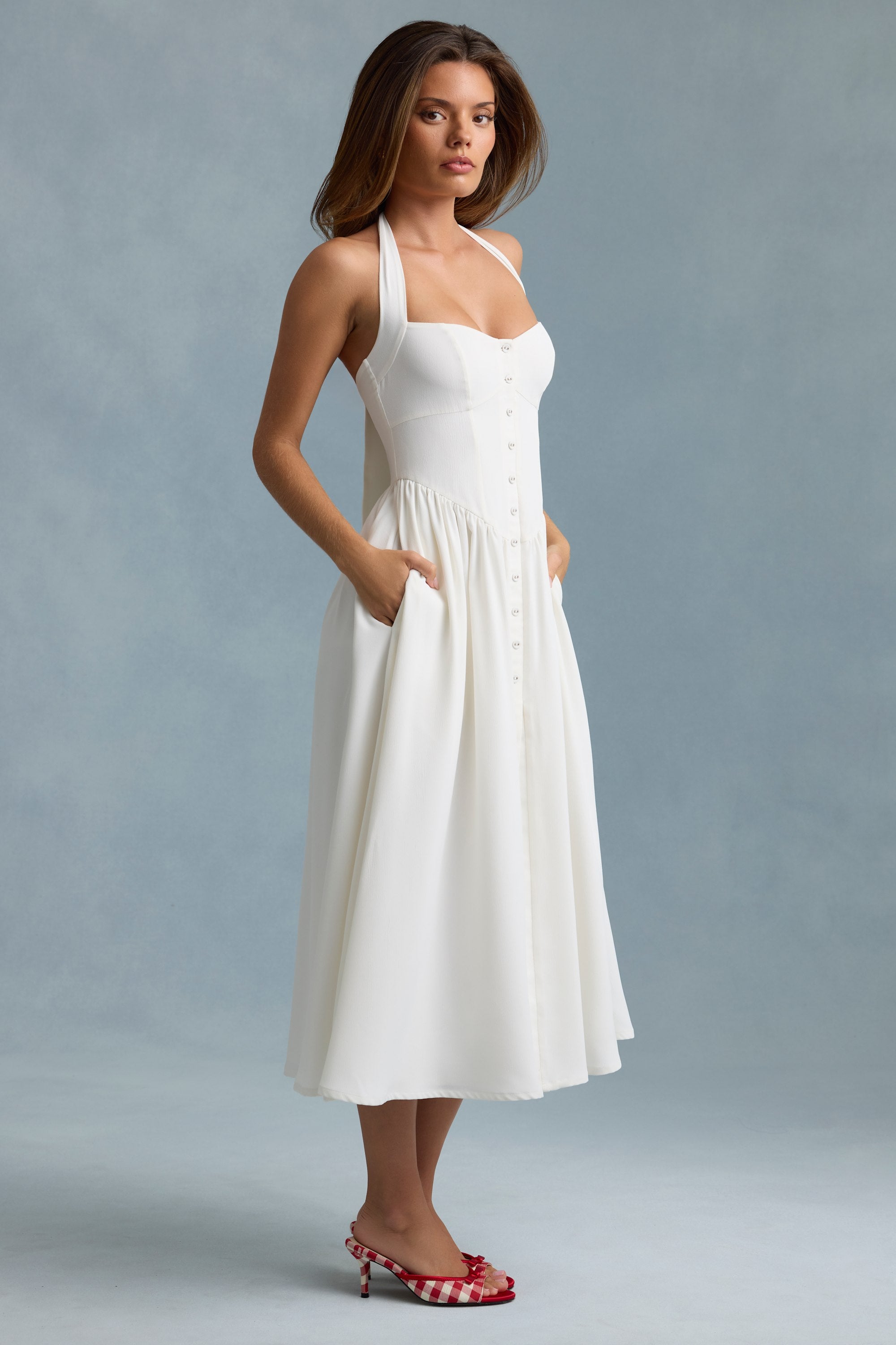 Orlena Button-Detail Halterneck Midaxi Dress in White | Oh Polly