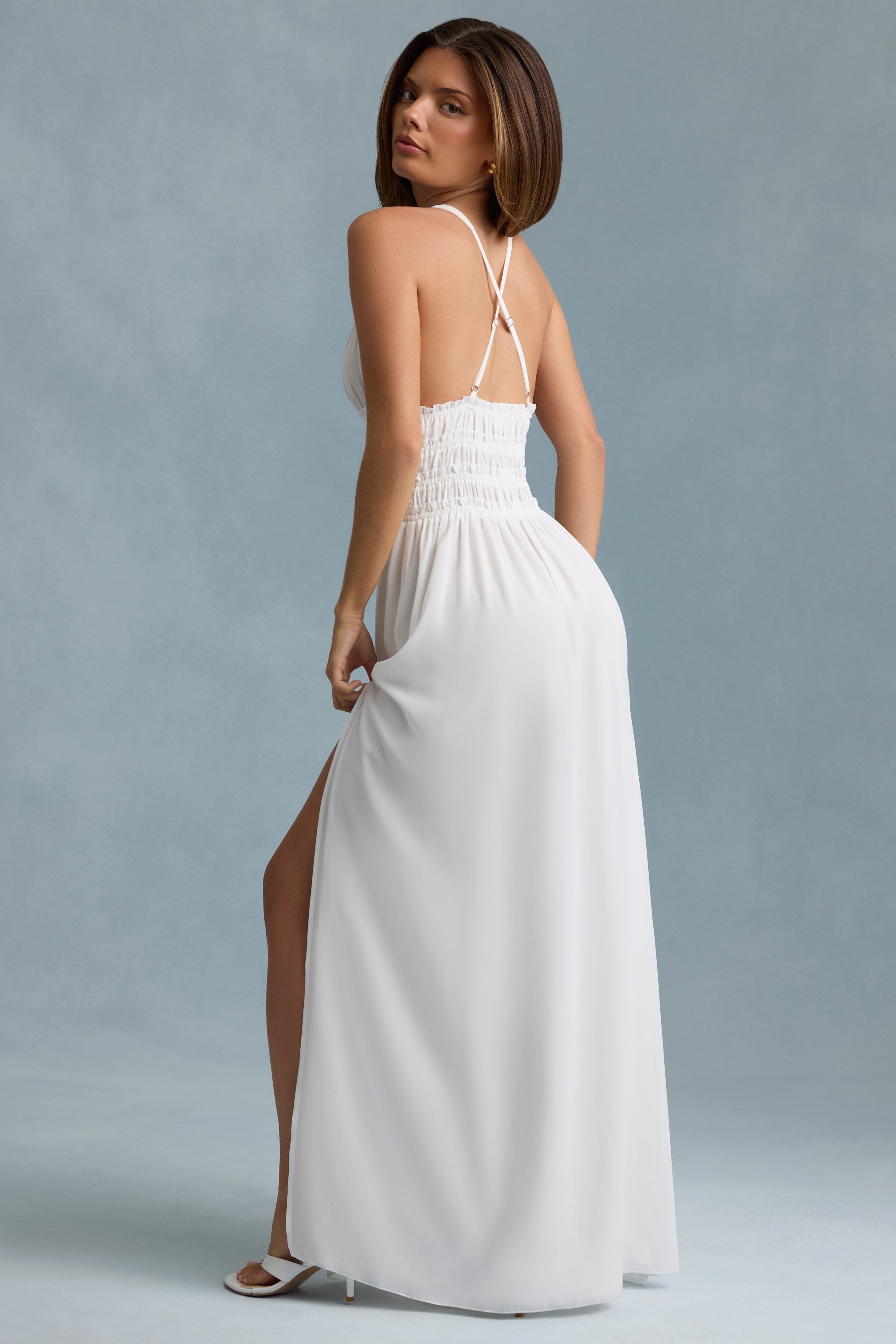 Pryana Plunge Cross-Back Maxi Dress in White | Oh Polly