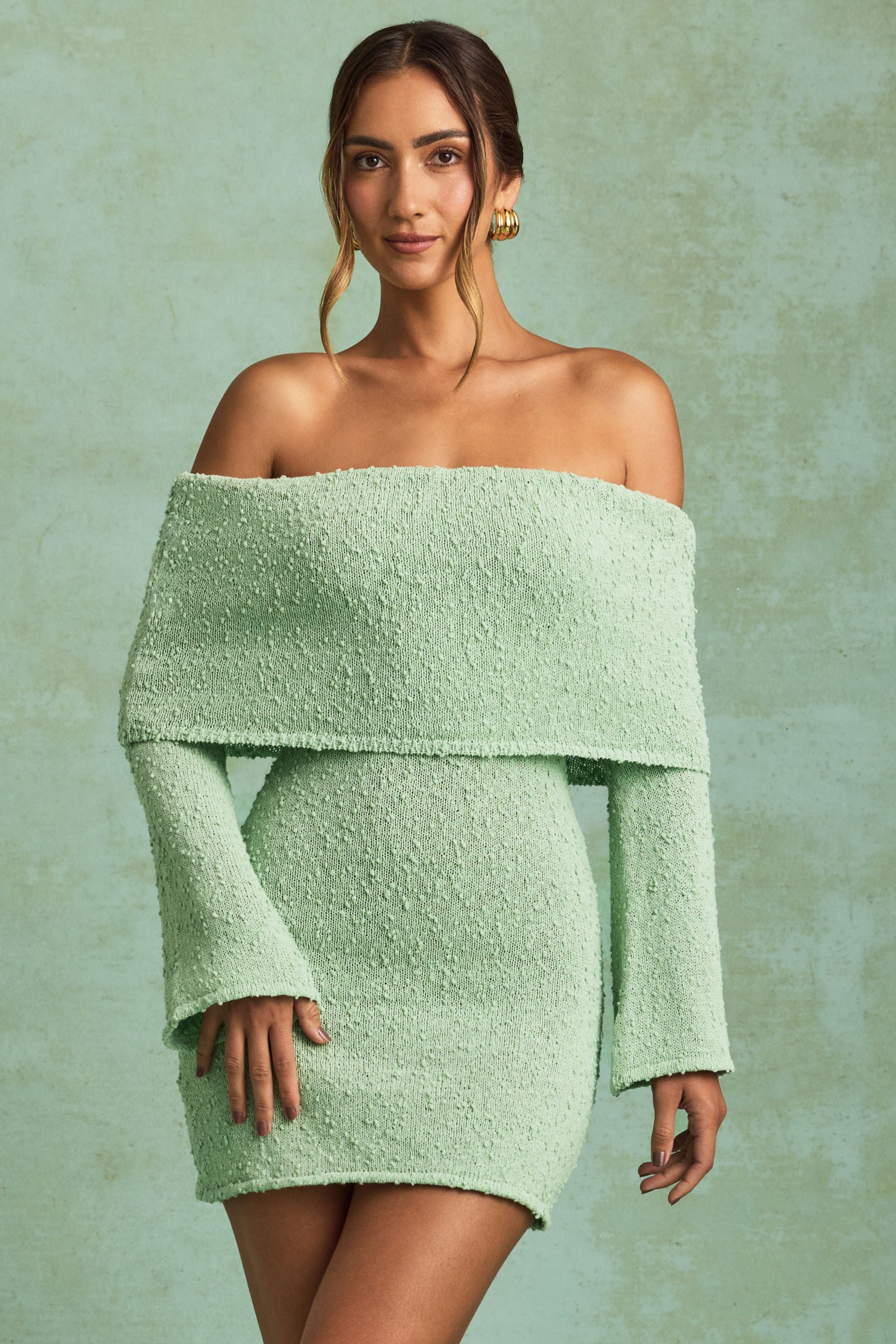 Souline Bouclé Off-Shoulder Mini Dress in Mint | Oh Polly
