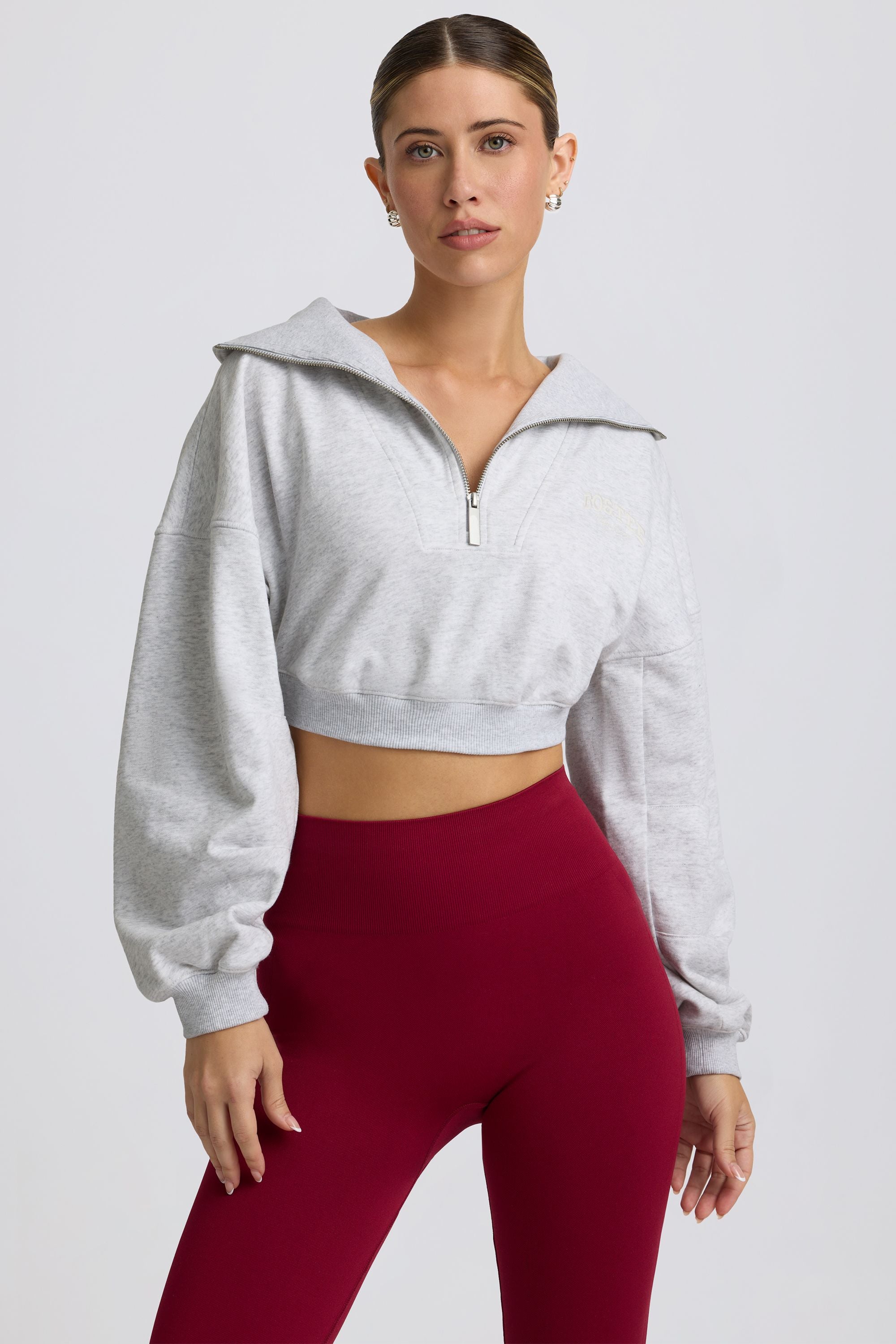 Quarter-Zip Cropped Sweatshirt in Grey Marl | Oh Polly