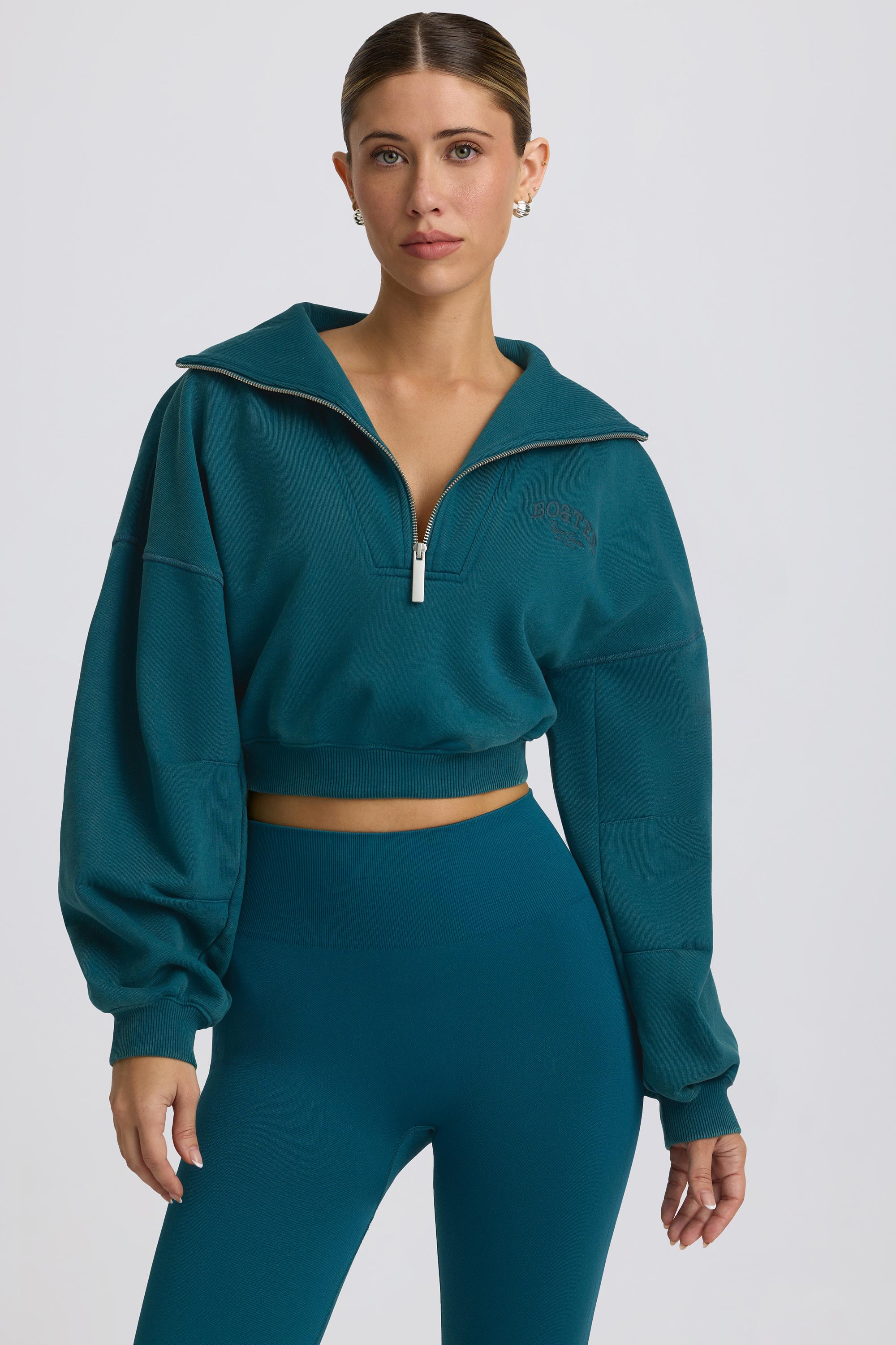Quarter-Zip Cropped Sweatshirt in Teal | Oh Polly