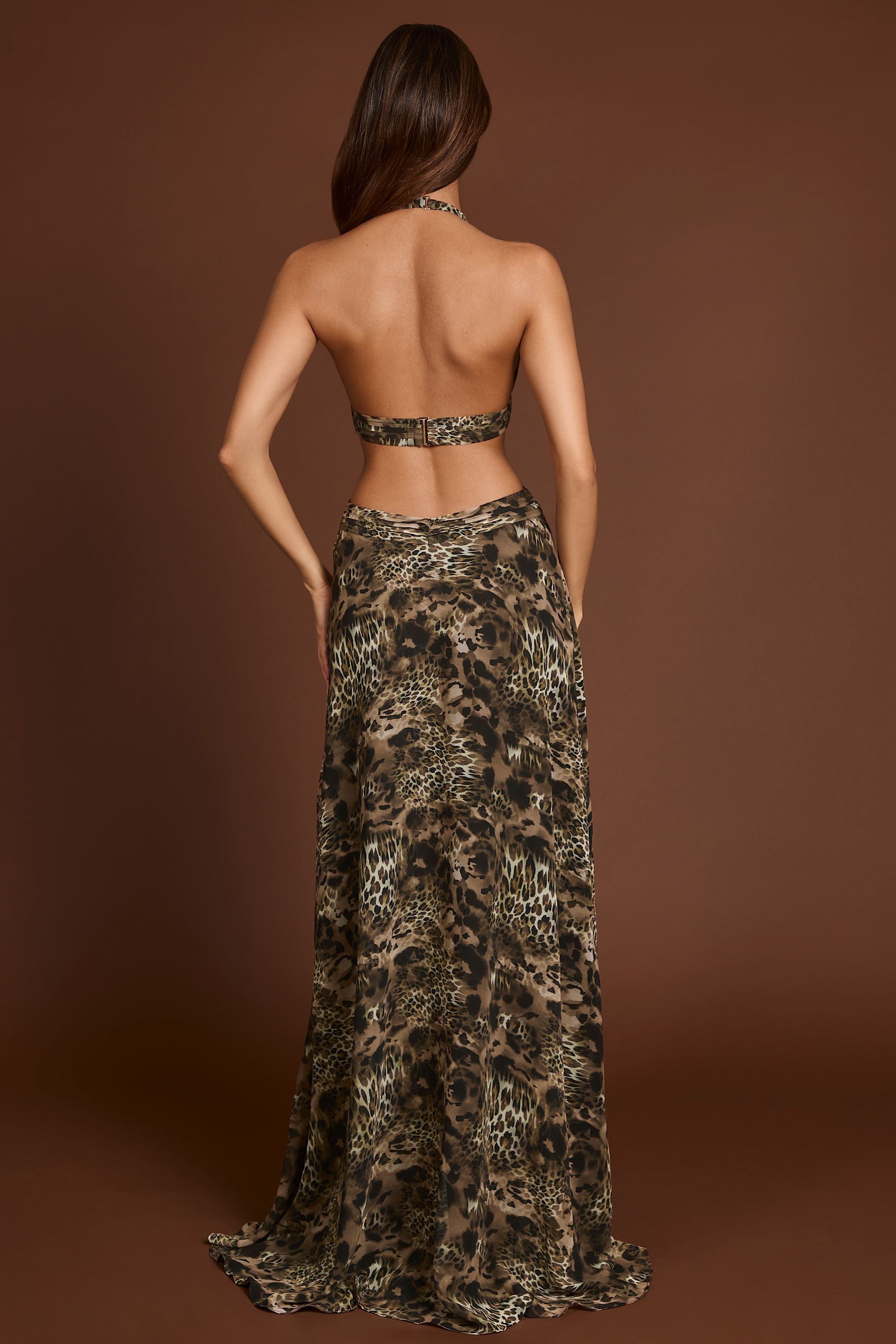 Tarsia Plunge Cut-out Maxi Gown in Leopard Print | Oh Polly