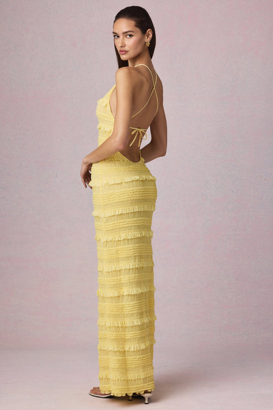 Tove Ruffled Backless Halterneck Maxi Dress in Lemon Yellow | Oh Polly