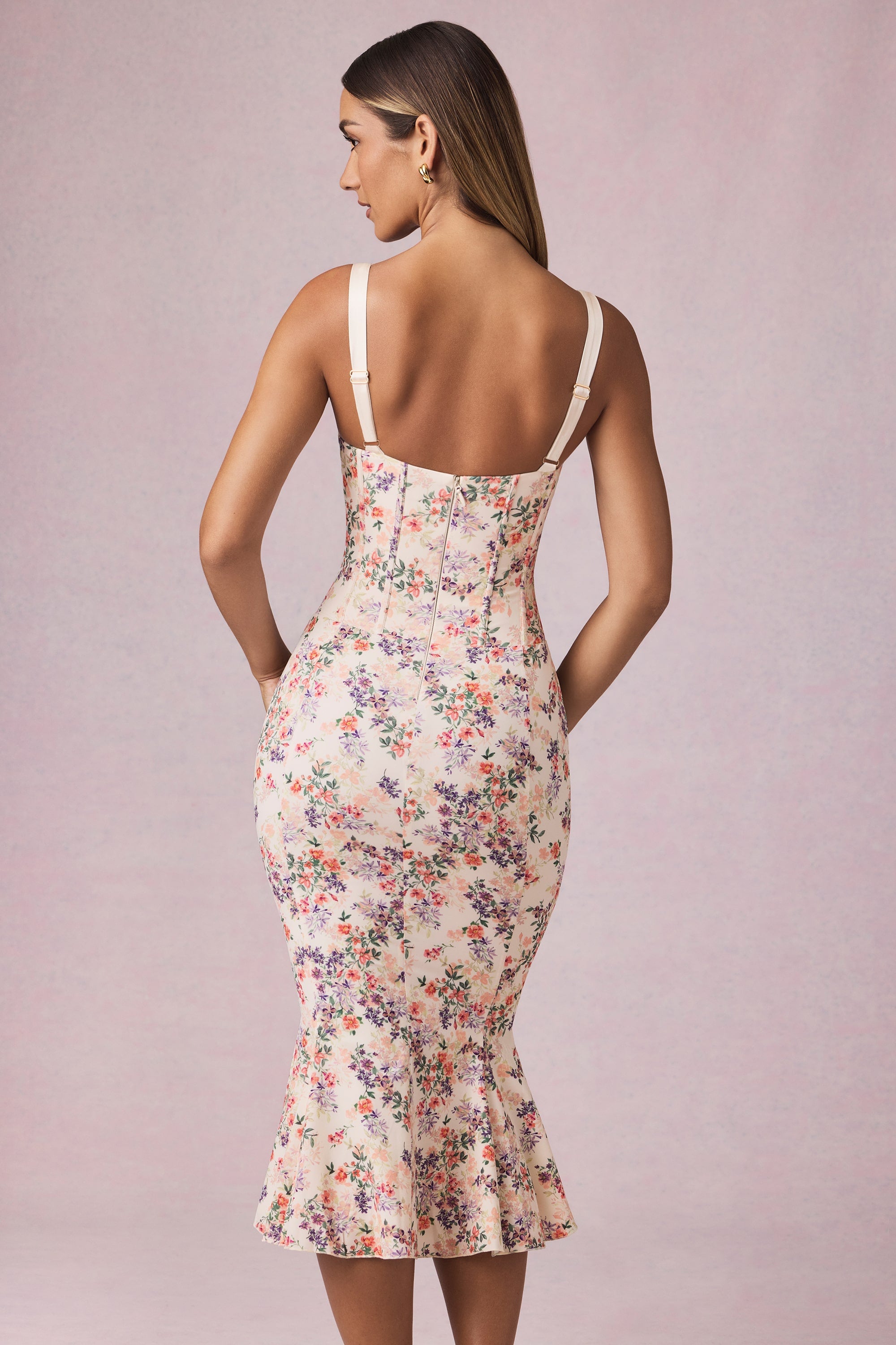Valentina Layered Bra-Detail Fishtail Midaxi Dress in Primrose Floral ...