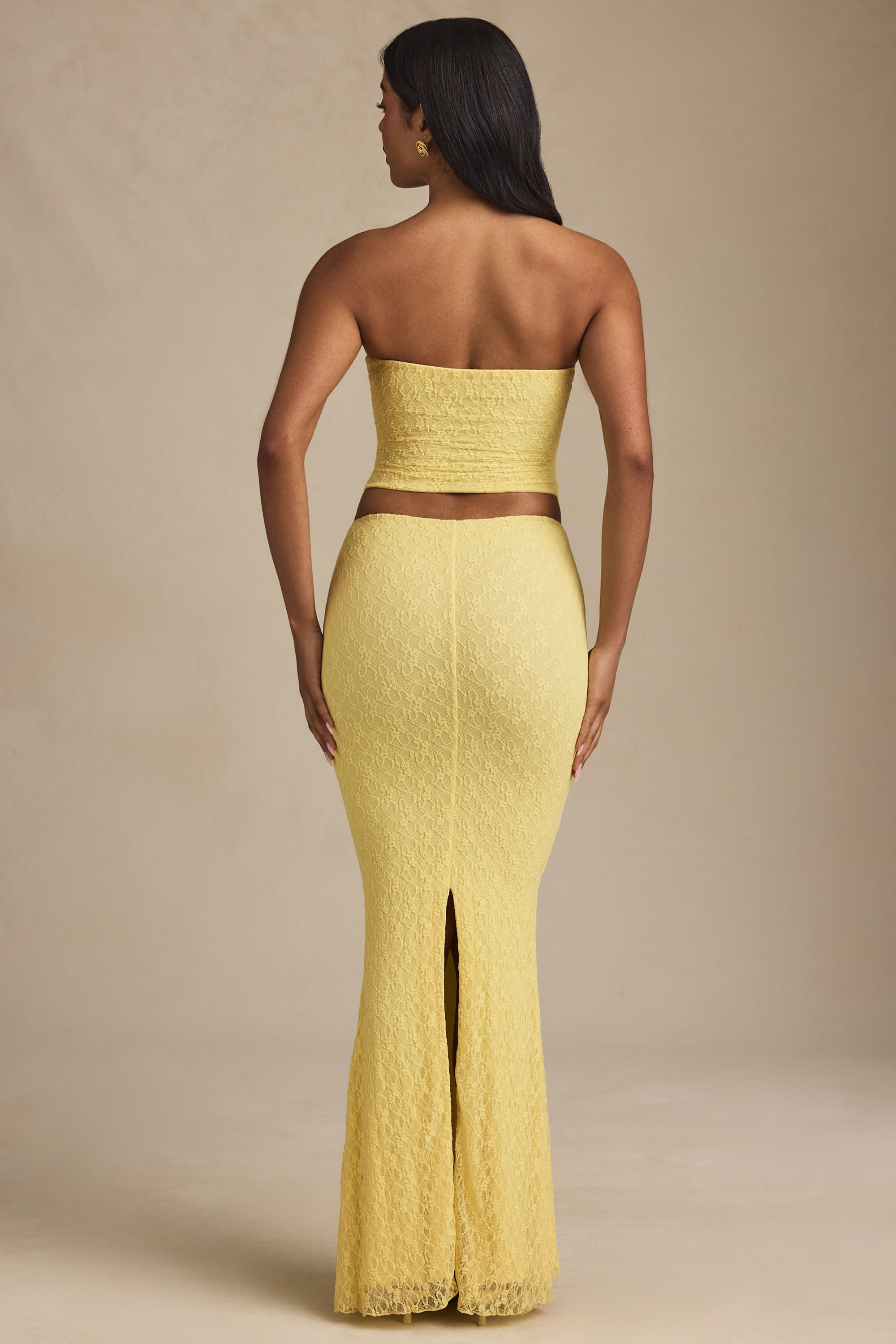 Vanda Draped Low-Rise Lace Maxi Skirt in Pastel Yellow | Oh Polly