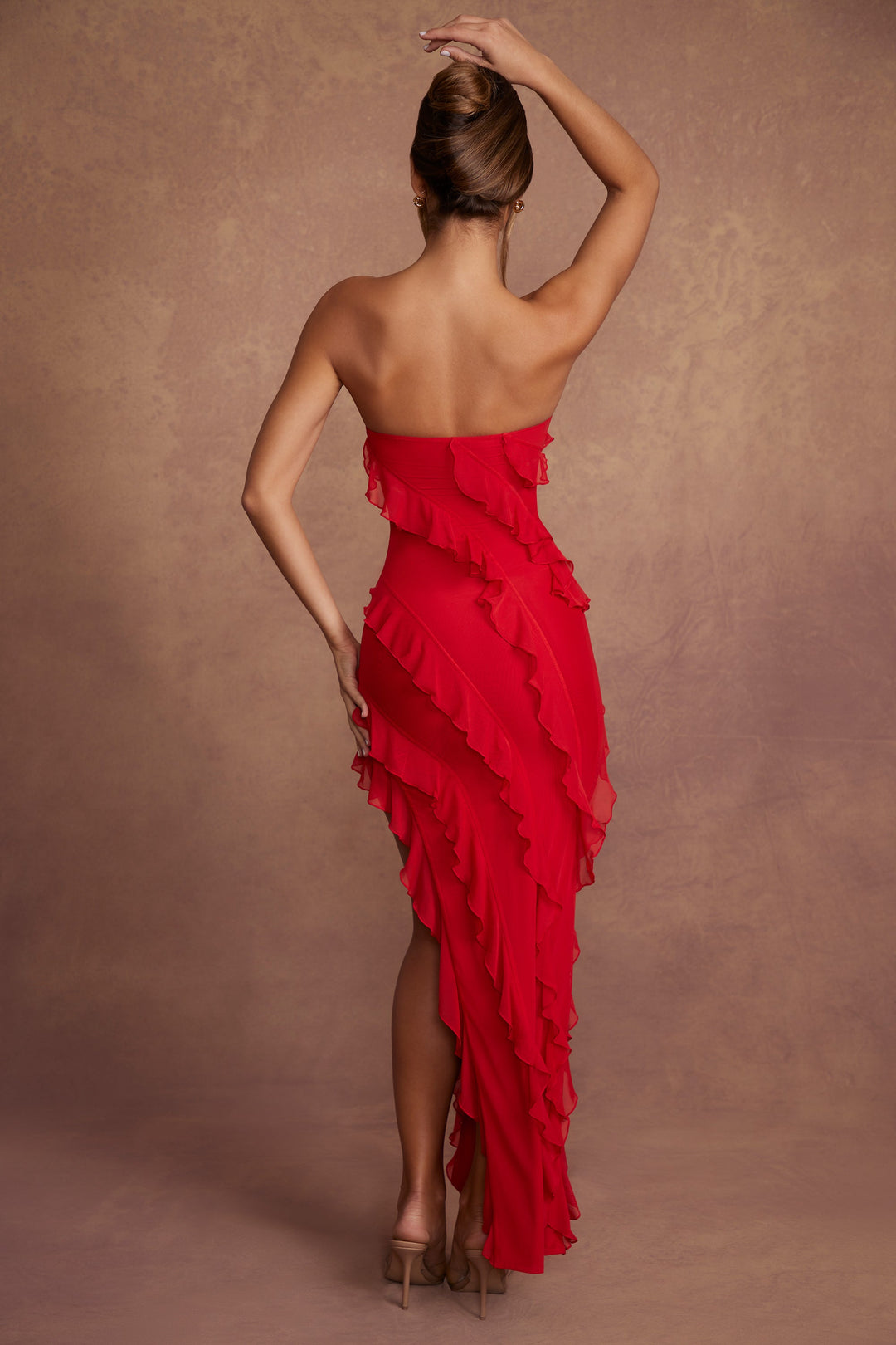 Nevali Bandeau Ruffle Detail Maxi Dress in Red | Oh Polly