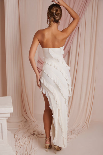 Nevali Bandeau Ruffle Detail Maxi Dress in Ivory | Oh Polly