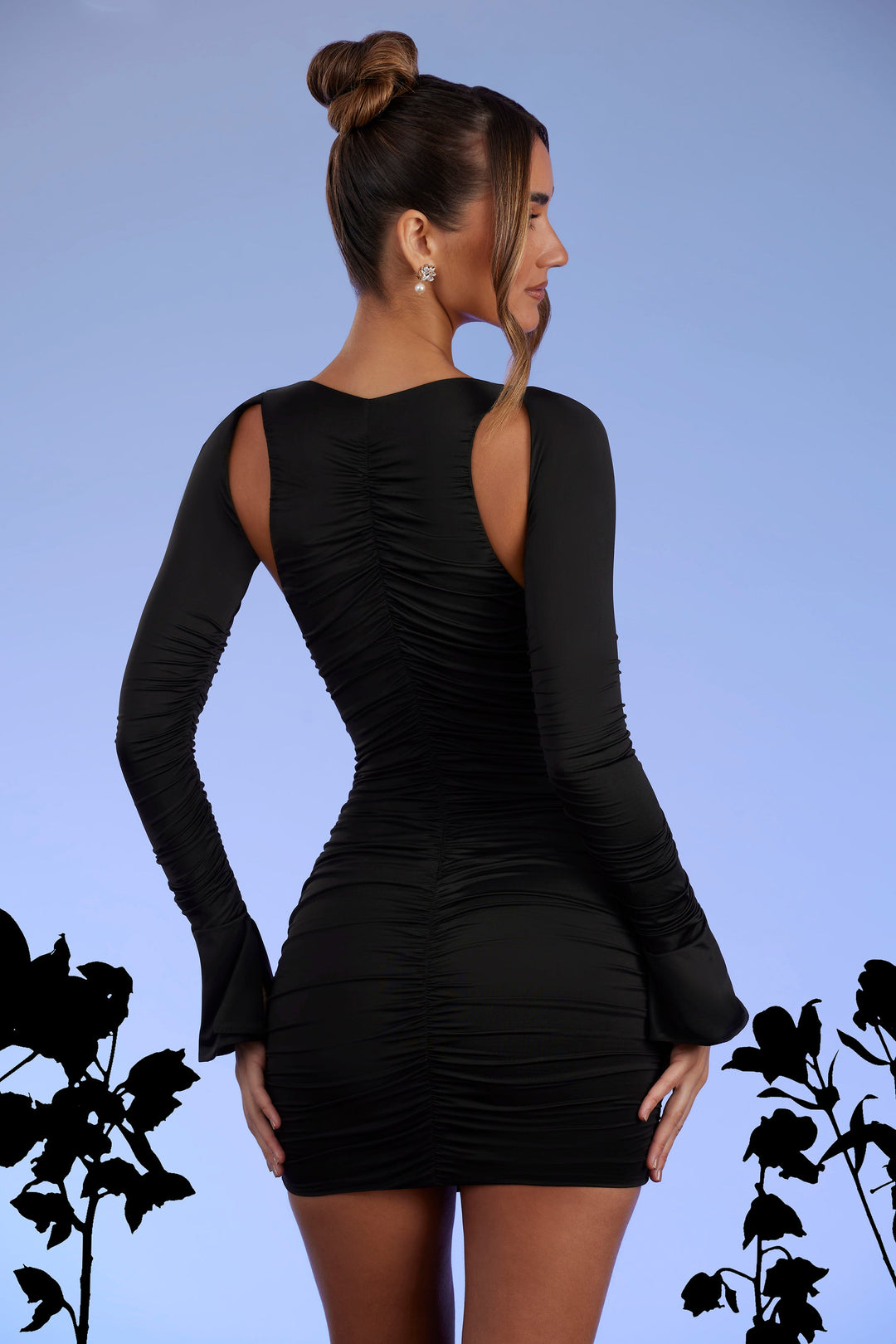Zurich Low Plunge Ruched Mini Dress in Black | Oh Polly